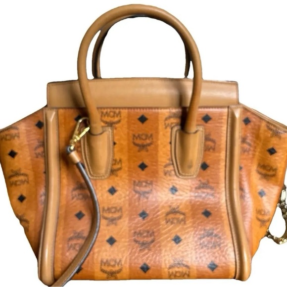 MCM | Bags | Mcm Tan And Black Satchel With Iconic Monogram | Poshmark